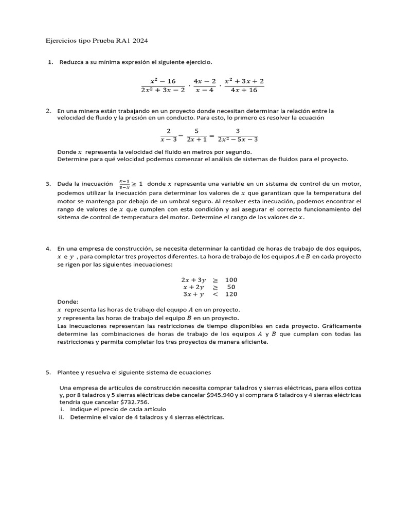 Ejercicios Matemáticos Prueba RA1 2024 | PDF | Sistema de control | Ecuaciones