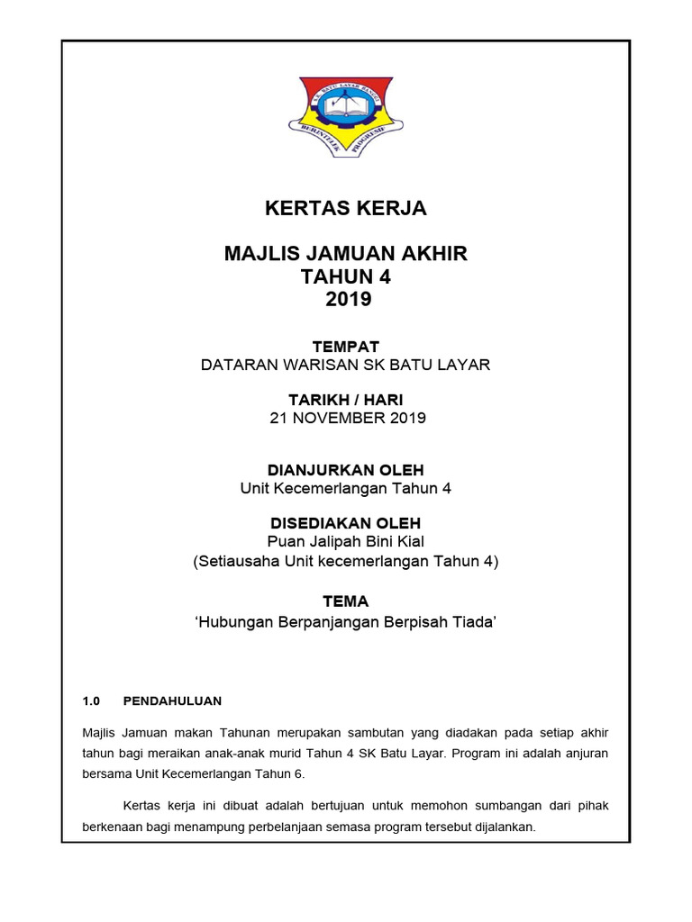 Kertas Kerja Jamuan 2019 | PDF
