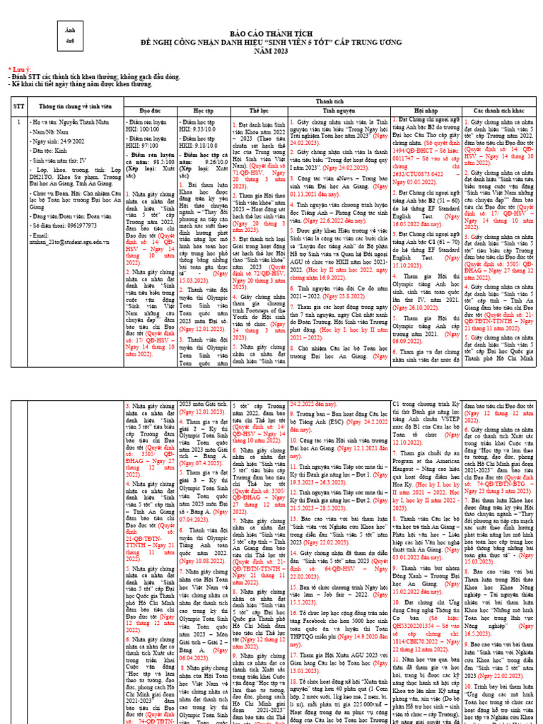 Nguyễn Thành Nhân - BCTT xét danh hiệu SV5T - Cấp Trung Ương | PDF