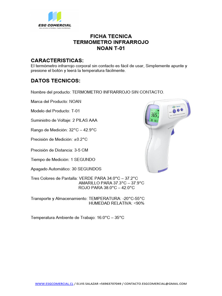 Ficha Tecnica Termometro Infrarrojo Noan T-01 | PDF | Métodos y materiales de enseñanza
