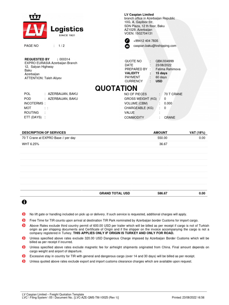 Freight Quotation Template for Crane Services | PDF | Indemnity | Cargo