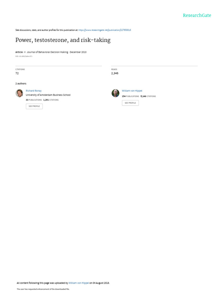 Power Testosterone and Risk-Taking | PDF | Testosterone | Risk