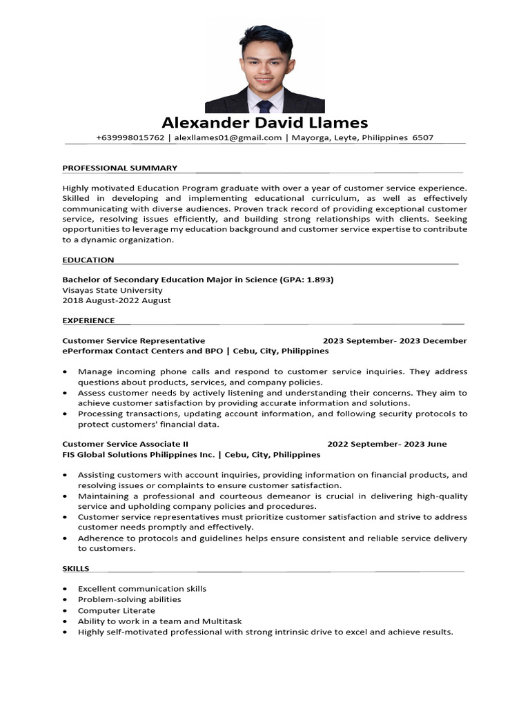 Alexander David Llames Resume | PDF | Information | Customer