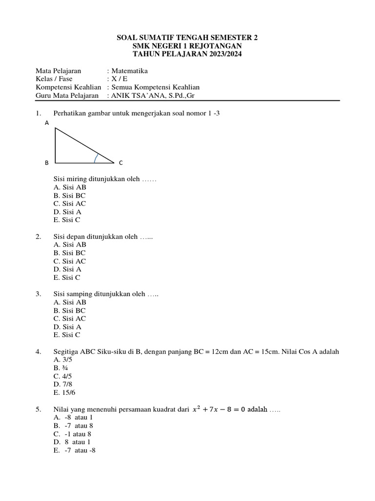 Soal STS 2 - Matematika Kelas X 2023-2024-1 | PDF