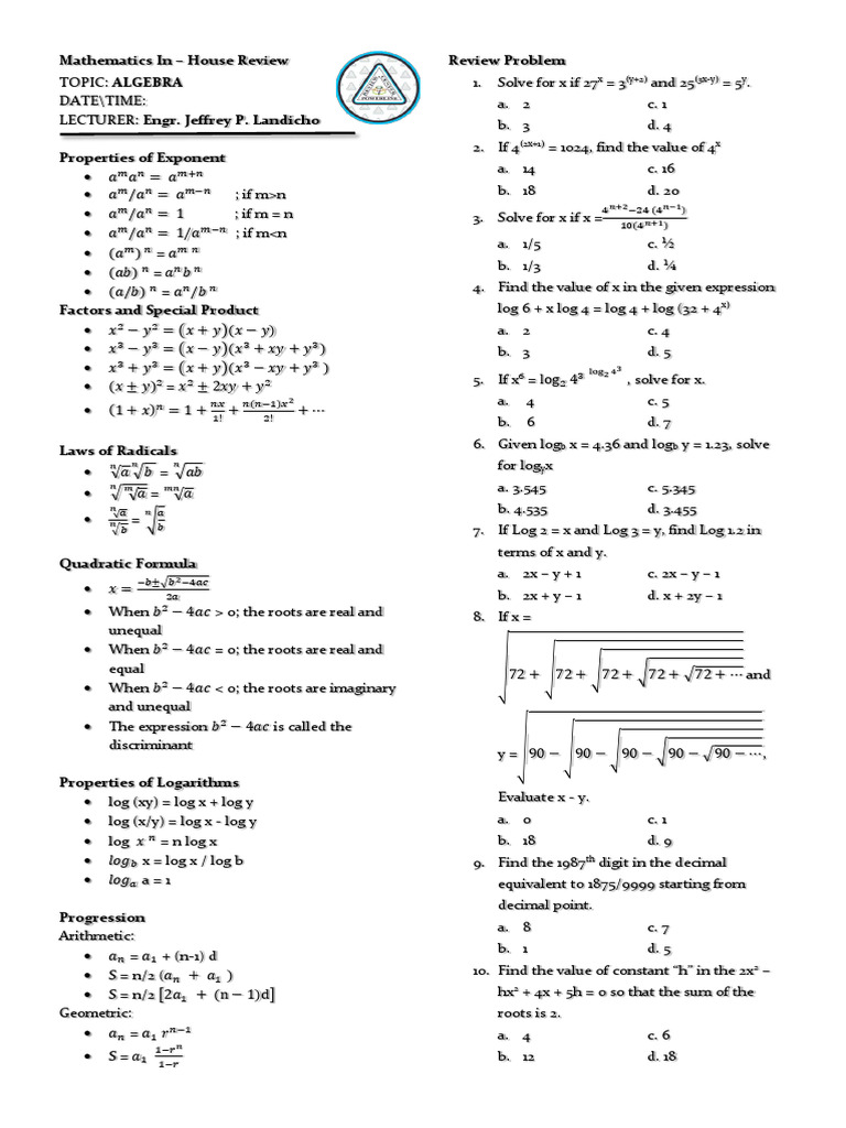 Mathematics in House Review ProblemsALGEBRA1 | PDF | Mathematics | Algebra