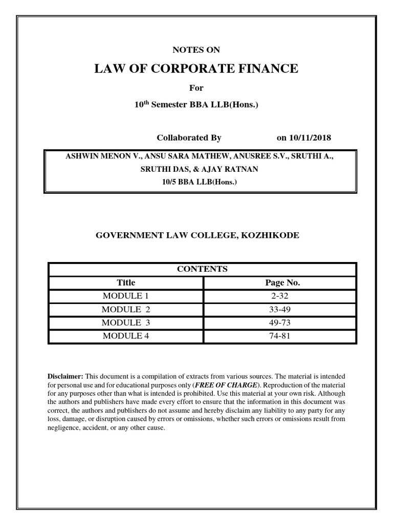 Law of Corporate Finance Notes | PDF | Factoring (Finance) | Stocks