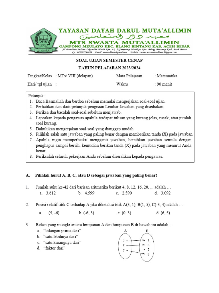 Soal MTK Pas Kelas 8 Genap | PDF | Metode & Bahan Ajar | Griya & Taman
