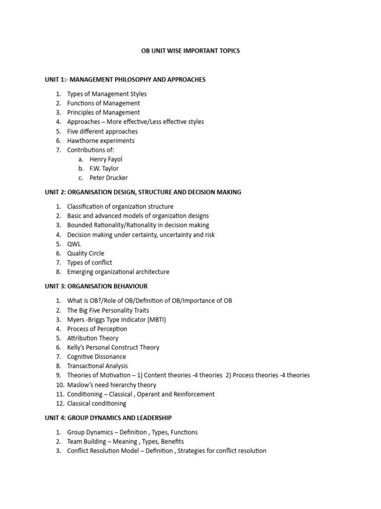 Ob Important Topics | PDF | Leadership | Psychology
