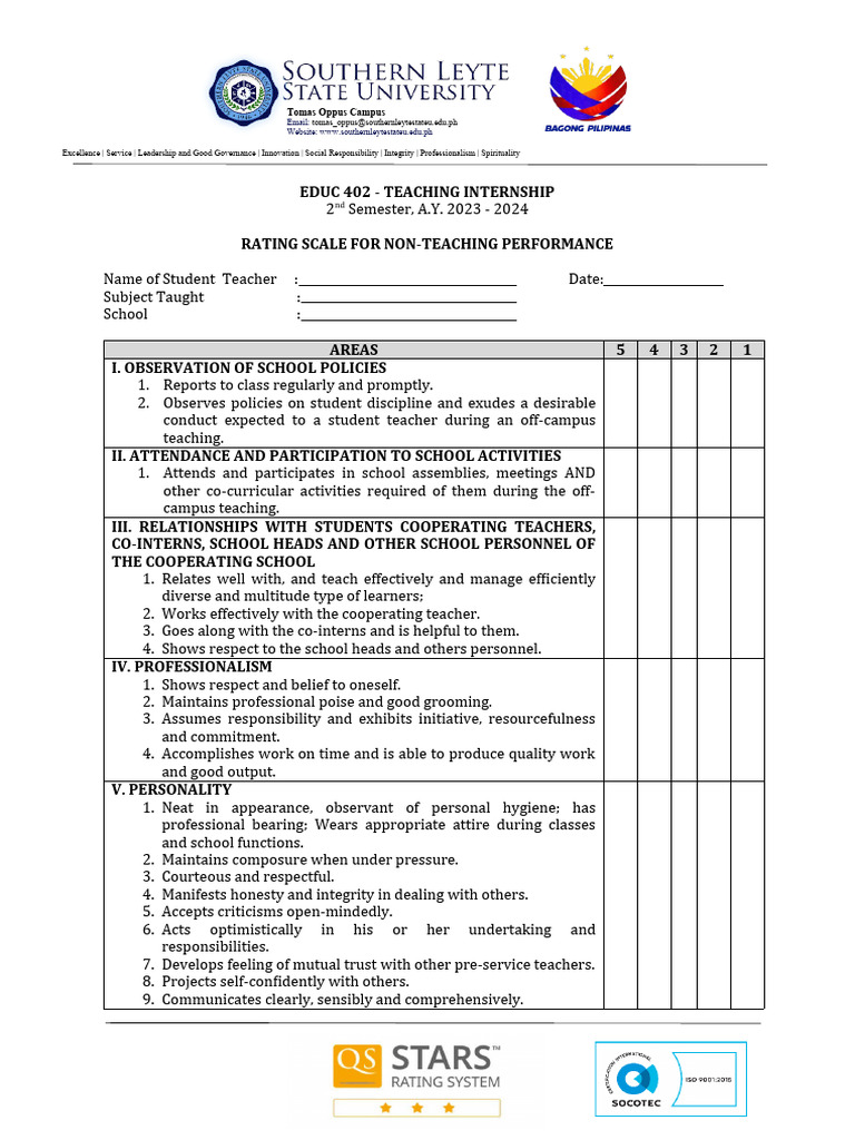 Form 13 Rating Scale For Non Teaching Performance | PDF | Teachers ...