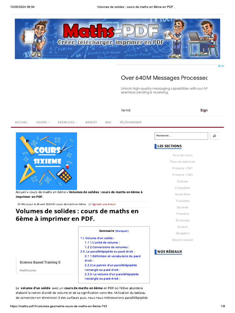 Cours sur les volumes en 6ème PDF | PDF | Le volume | Mathématiques