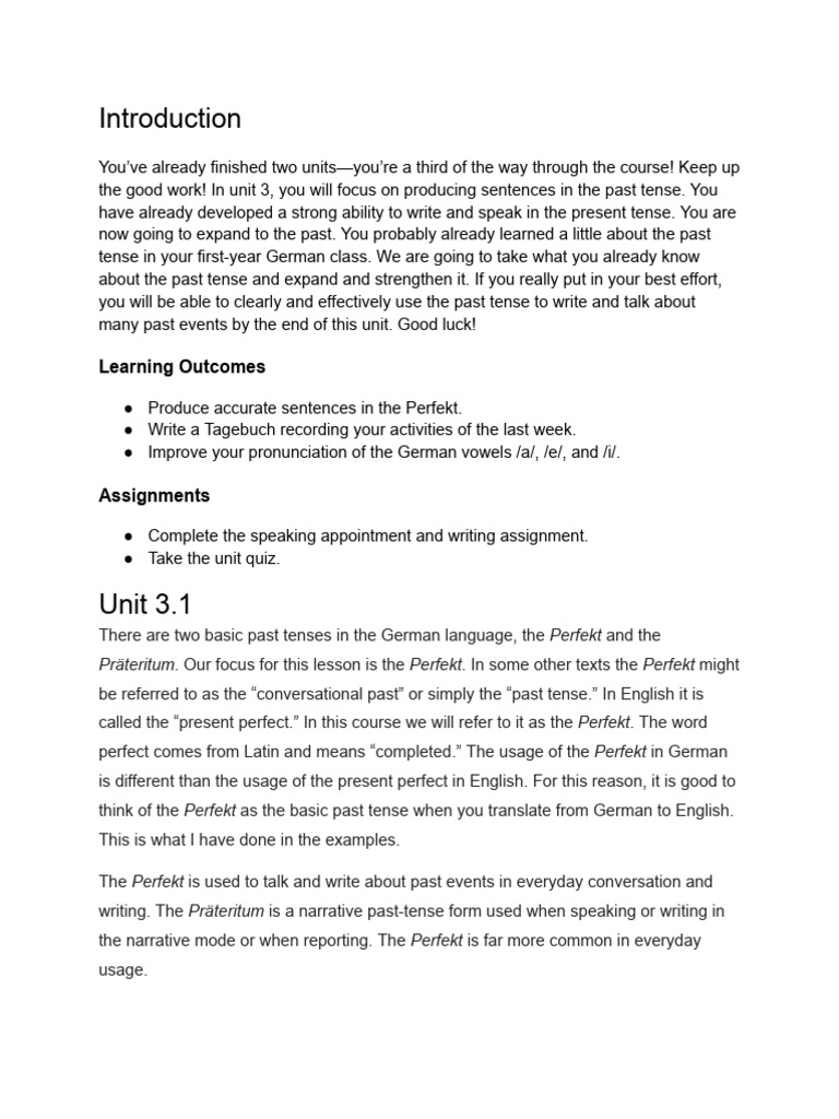 German Unit 3 | PDF | Perfect (Grammar) | Linguistics