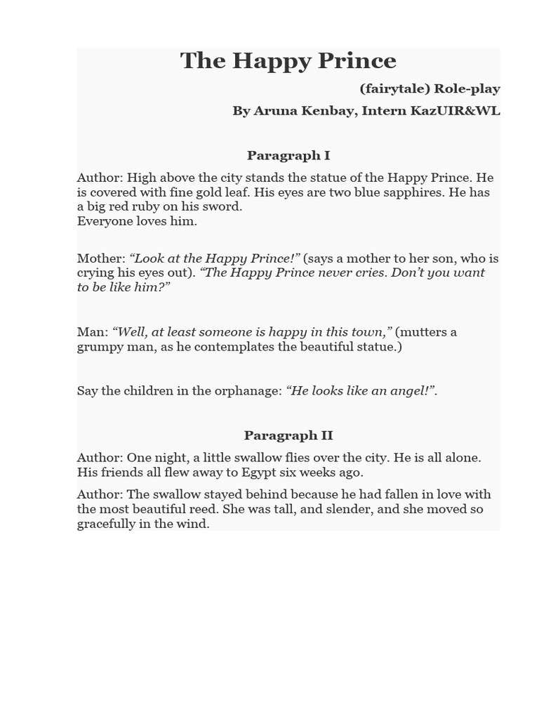 The Happy Prince Role Play Tale | PDF | The Happy Prince And Other Tales