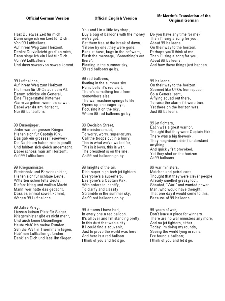 99 Luftballons Lyrics: German & English | PDF