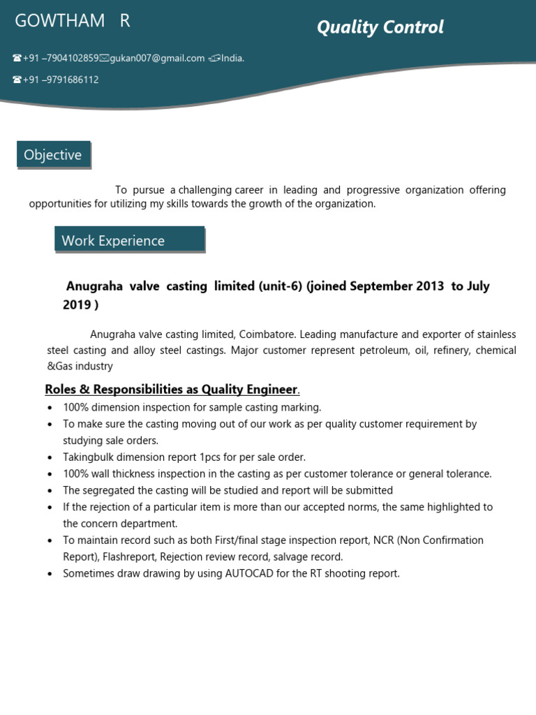 Gowtham - Resume New-1-1 | Download Free PDF | Valve | Steel