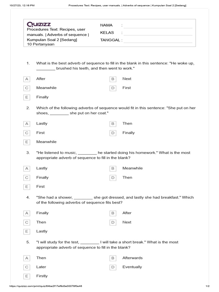 Adverbs of Sequence Worksheet Exercises | PDF