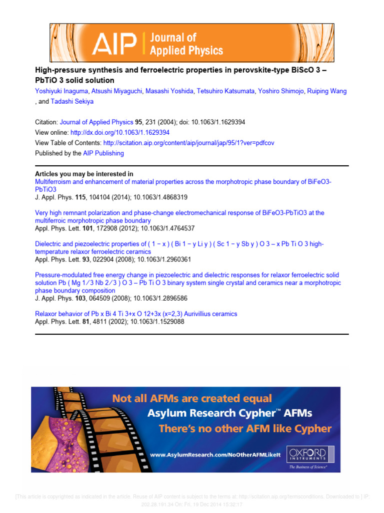 2004 High-Pressure Synthesis and Ferroelectric Properties in Perovskite-Type BiScO 3 PbTiO3 ...