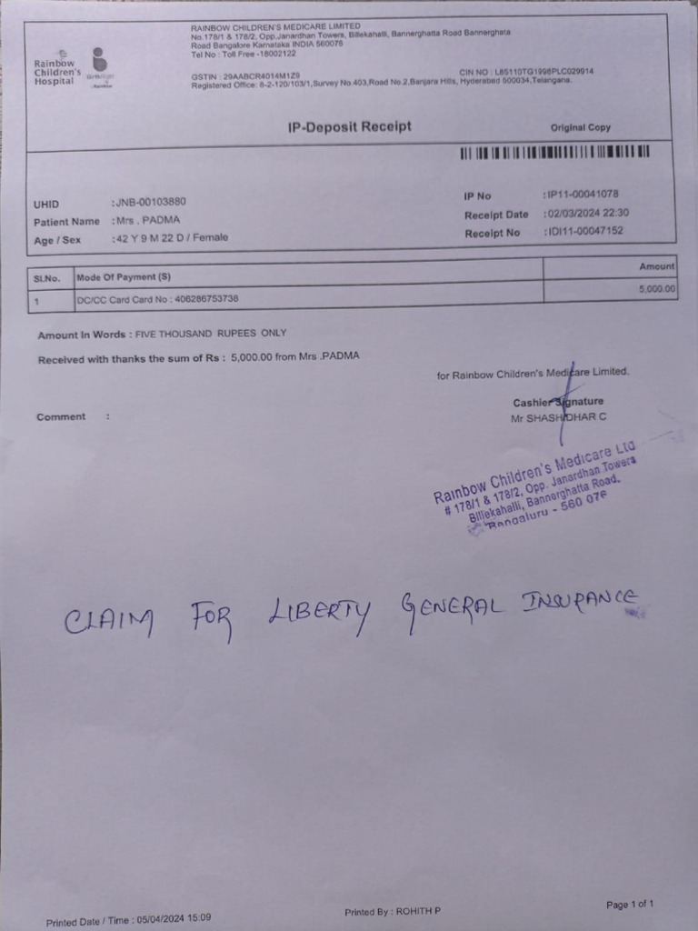 Hospital Bills Paid Receipt | PDF