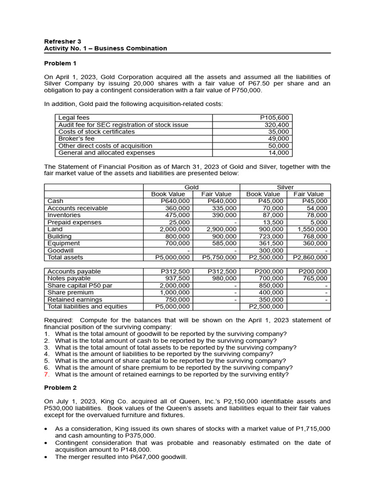Activity-1-Business-Combination | PDF | Goodwill (Accounting) | Book Value
