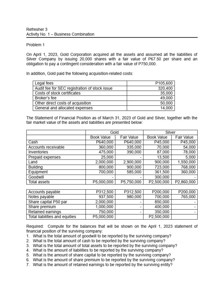 Exercise 1 Business Combination | PDF | Book Value | Goodwill (Accounting)