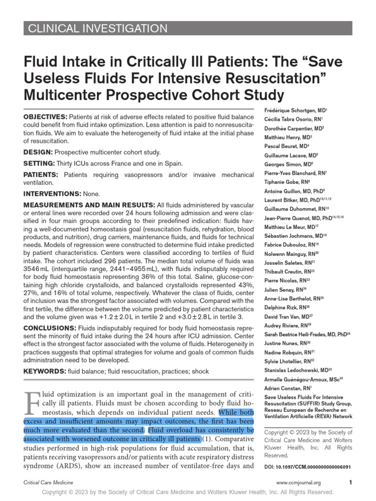Fluid Intake in Critically Ill Patients The "Save Useless Fluids | PDF | Intensive Care Medicine ...