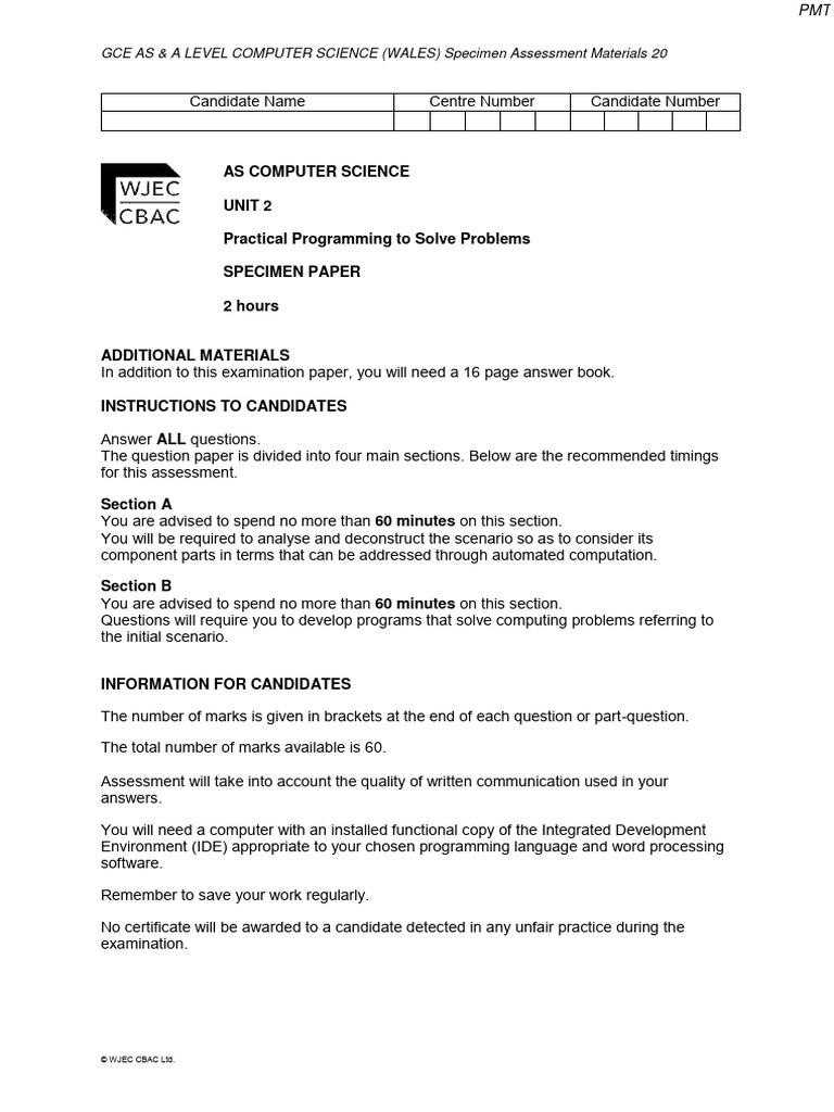Specimen QP - Unit 2 WJEC Computer Science A-Level | PDF | Computer ... Specimen QP - Unit 2 WJEC Computer Science A-Level | PDF | Computer ...