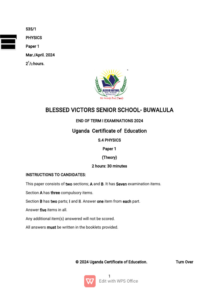 S4 Phy 1 EOT 1 2024 | Download Free PDF | Electrical Resistance And Conductance | Water