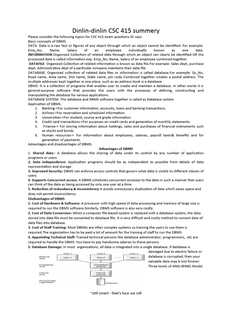 Still Smart, CSC 415 Summery | PDF | Databases | Abstraction (Computer ...
