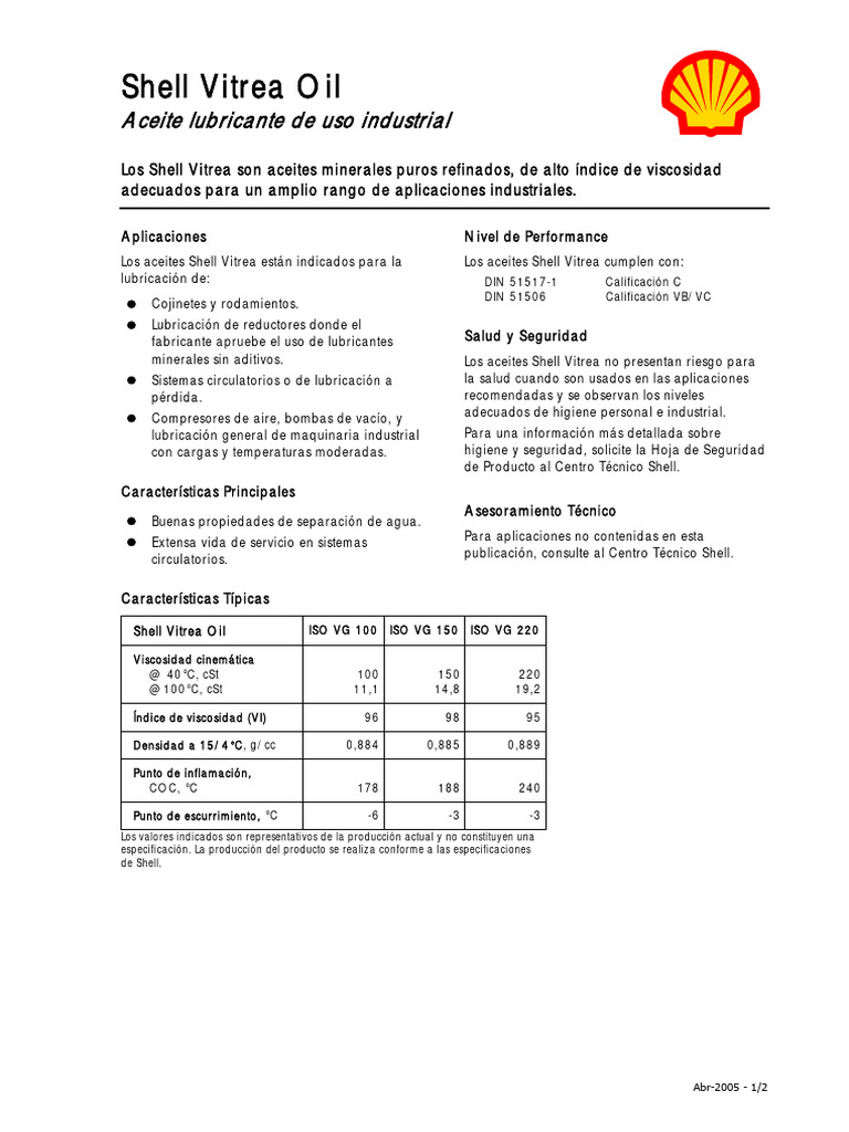 Aceite Shell Vitrea para Uso Industrial | PDF | Lubricante | Lentes