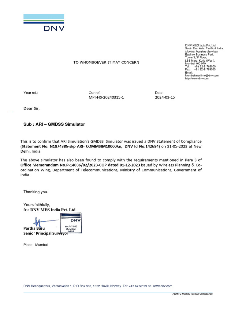 DNV Letter Approving ARISIM As Per MOC Office Memorandum 2023 | PDF