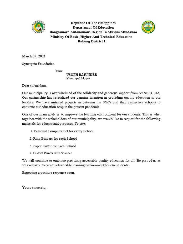 BUBONG - Request Letter BD1 | PDF