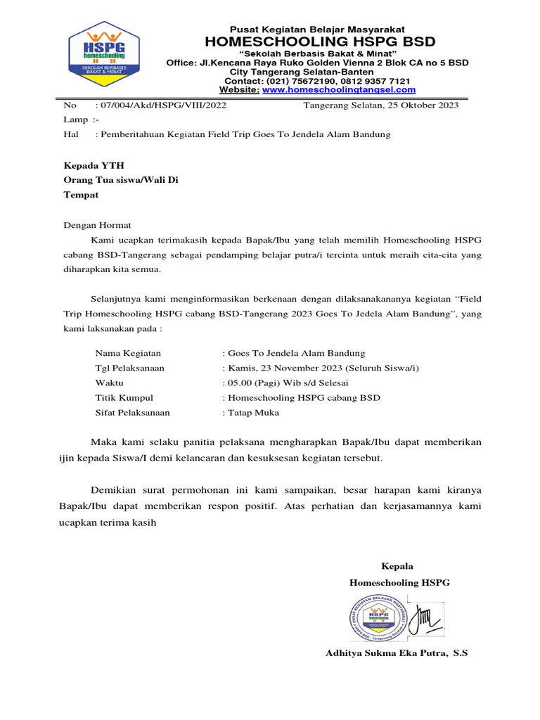 Surat Pemberitahuan Kegiatan Field Trip | PDF