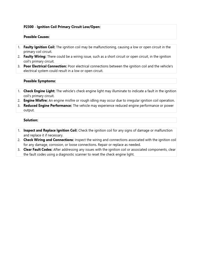 P2300 - Ignition Coil Primary Circuit LowOpen | PDF