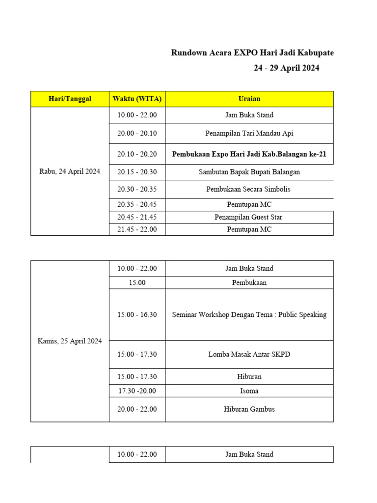 Rundown Acara EXPO Balangan 2024 (Acara) | PDF