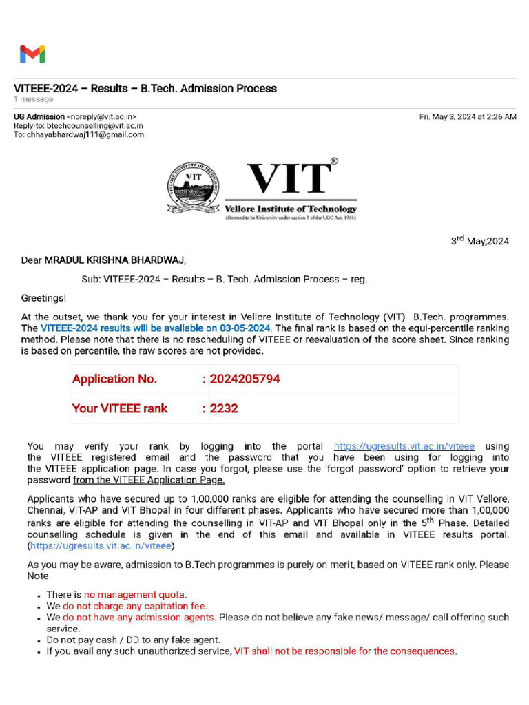 Gmail - VITEEE-2024 - Results - B.tech. Admission PR | PDF