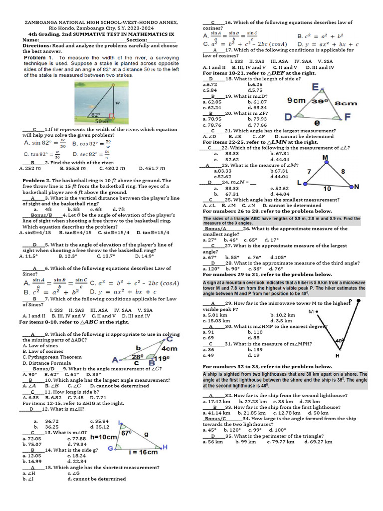 Math IX 2nd Summative Test 2023-2024 | PDF | Trigonometry | Euclid