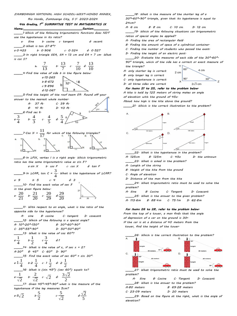 1ST SUMMATIVE-TEST MATH G9-4thQ | PDF | Trigonometric Functions ...