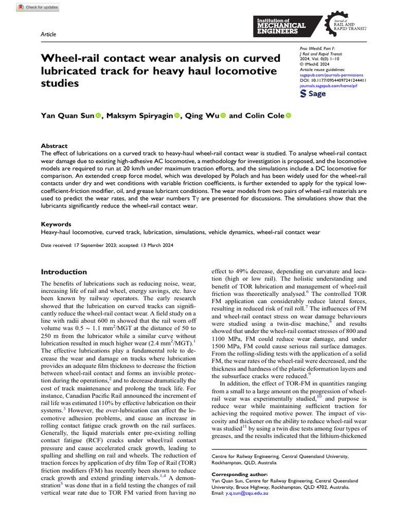 Sun Et Al 2024 Wheel Rail Contact Wear Analysis On Curved Lubricated Track For Heavy Haul ...