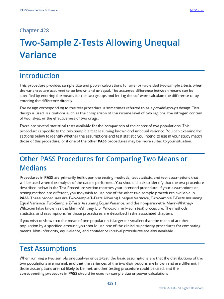 Two-Sample Z-Tests Allowing Unequal Variance | PDF | Mann–Whitney U ...