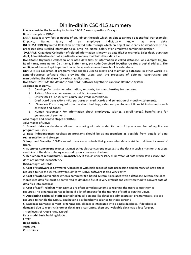 Still Smart, CSC 415 Summery | PDF | Databases | Relational Database