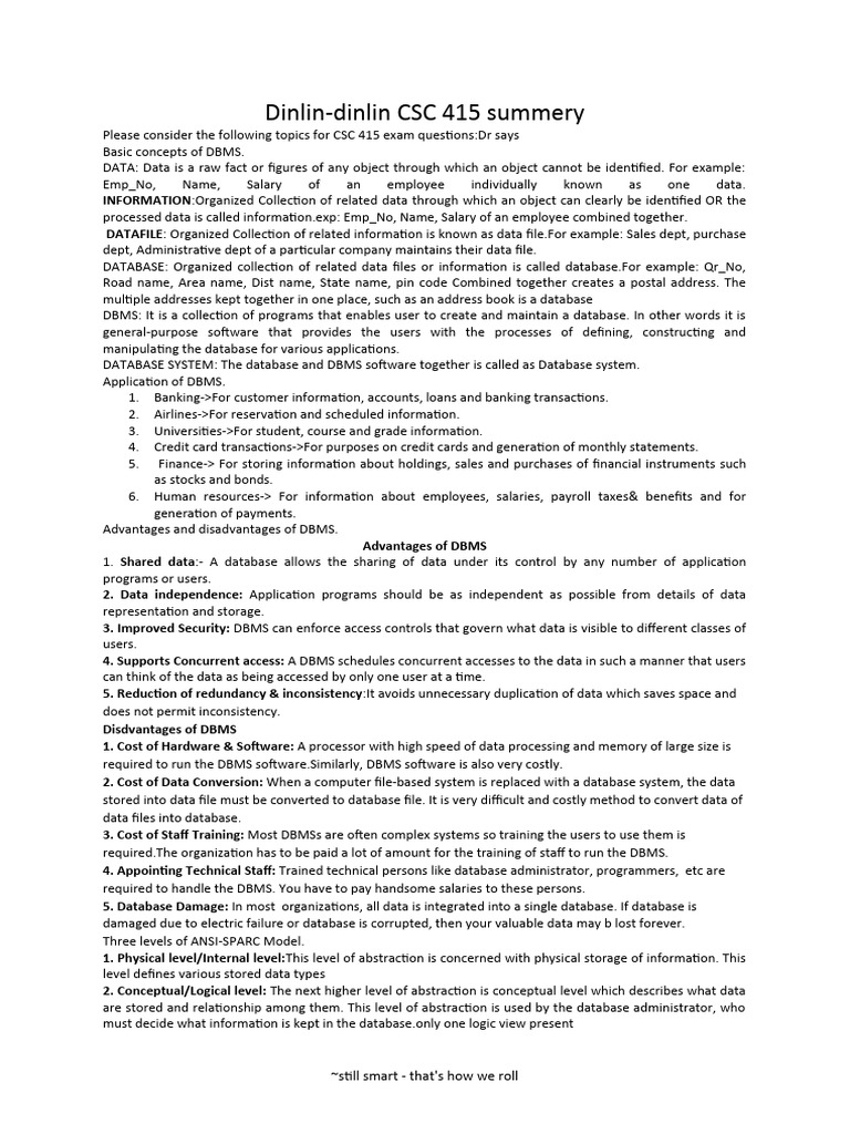 Still Smart, CSC 415 Summery | PDF | Databases | Database Transaction