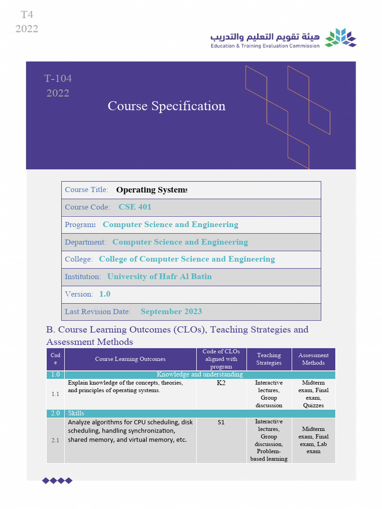 CSE401 Course Specification | PDF | Operating System | Scheduling (Computing)