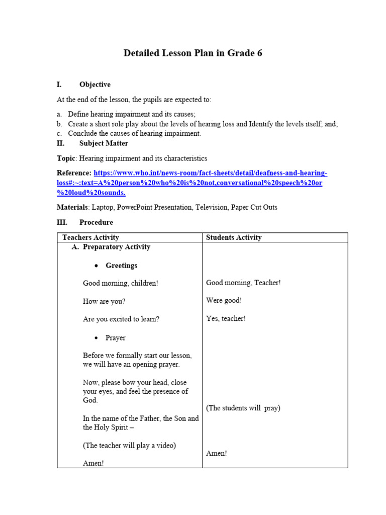 Detailed-Lesson-Plan-Work | PDF | Hearing Loss | Hearing