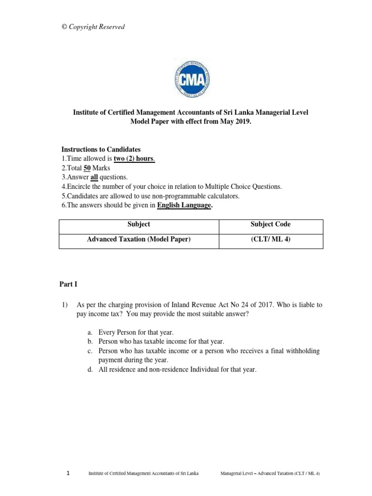 CLT - (Taxation) Model Paper With Answers - May 2019 | PDF | Taxes ...