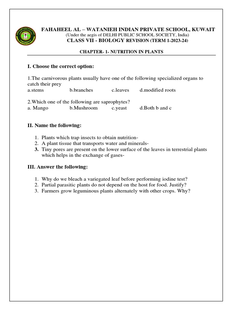 Nutrition in Plants - Term 1 Revision | PDF