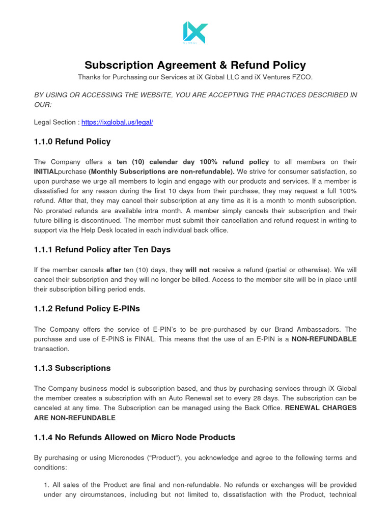Subscription Agreement & Refund Policy | PDF
