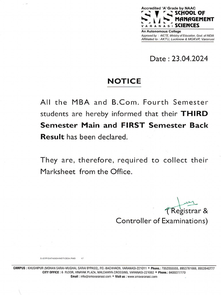 Notice - Mba & B.com Third Sem Main & First Sem Back Result | PDF | Vocational Education ...