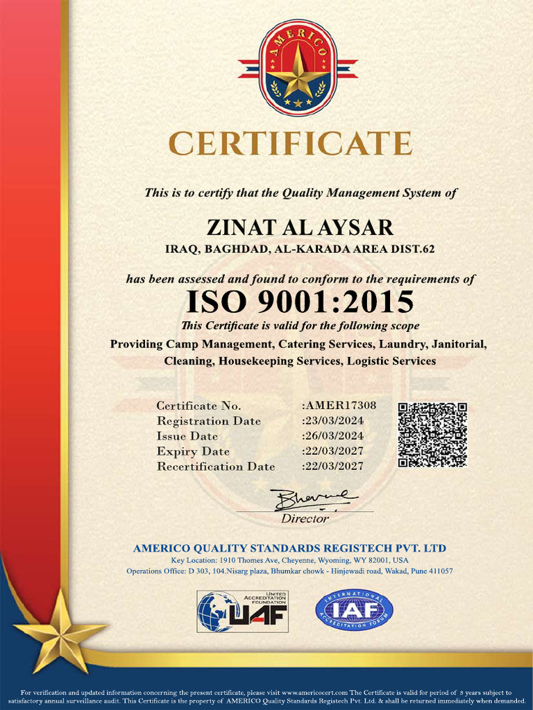 UAF Americo-ISO 9001 - ZINAT AL AYSAR | PDF
