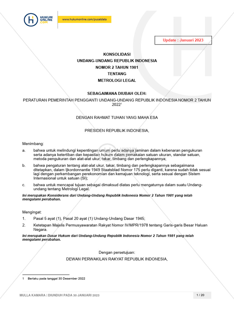 Uu 2 - 1981 Metrologi Legal Consolidated | PDF