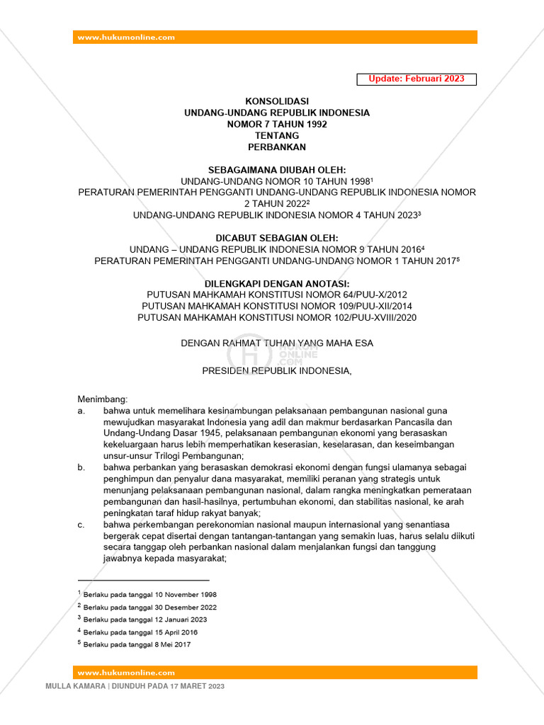 Konsolidasi UU Perbankan RI 1992 | PDF