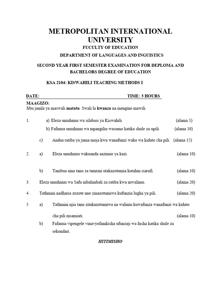 Kiswahili Teaching Methods I | PDF